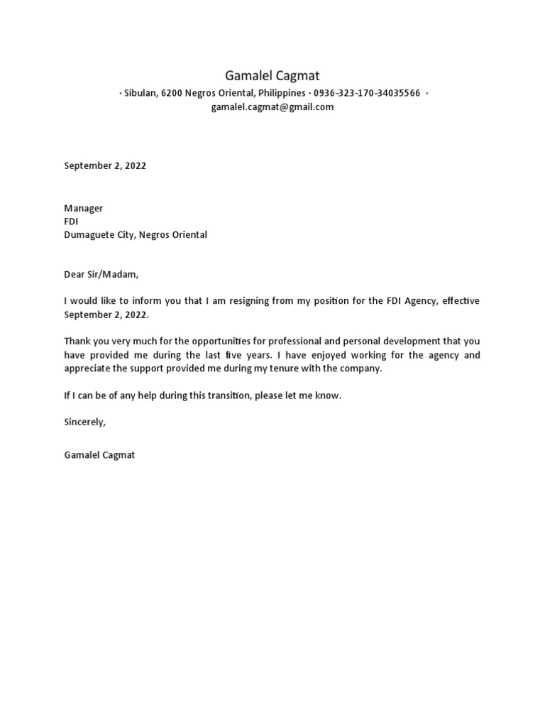 Resignation Letter to FDI Manager | PDF