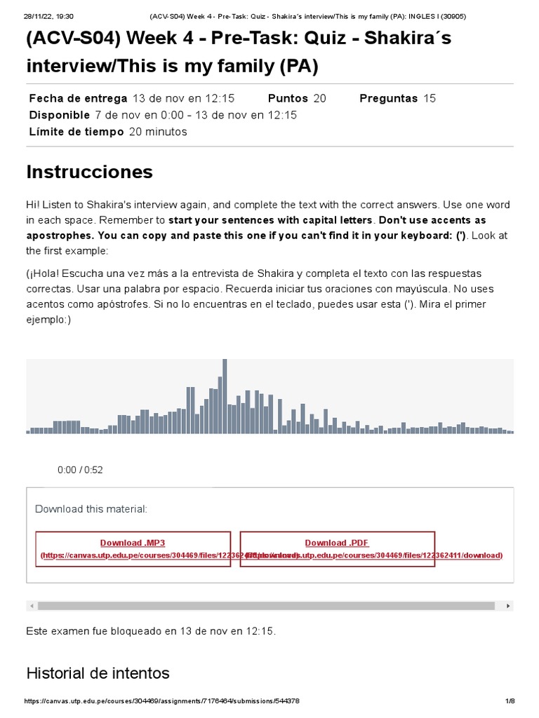 (ACV-S04) Week 4 - Pre-Task - Quiz - Shakira S Interview - This Is My Family (PA) - INGLES I | PDF
