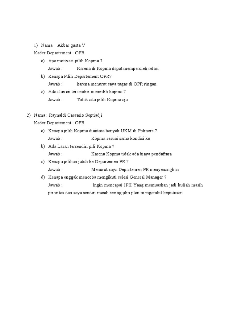 Motivasi dan Pilihan Kader Kopma di Polines | PDF