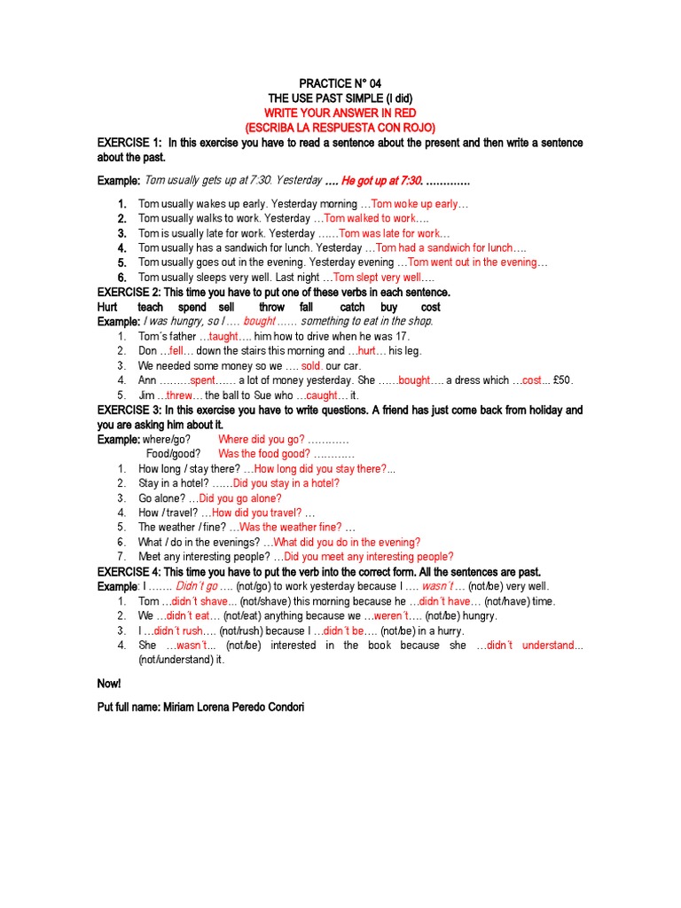 Past Simple Homework Exercise 12 | PDF