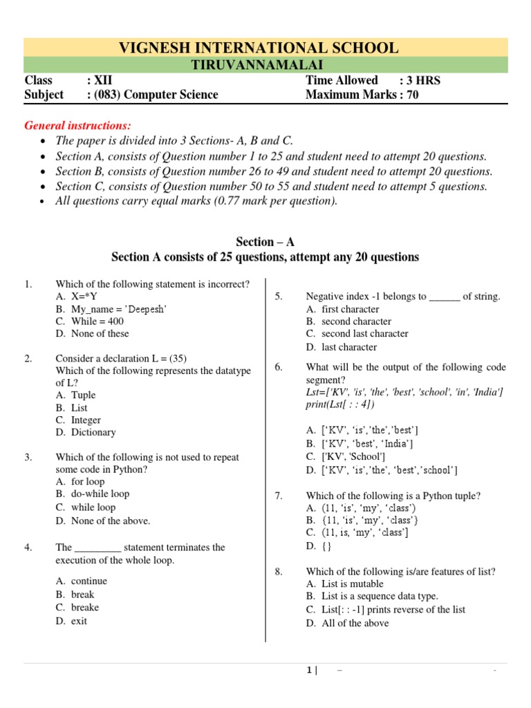 Cs One Mark Qp Set 001 Pdf Parameter Computer Programming Subroutine