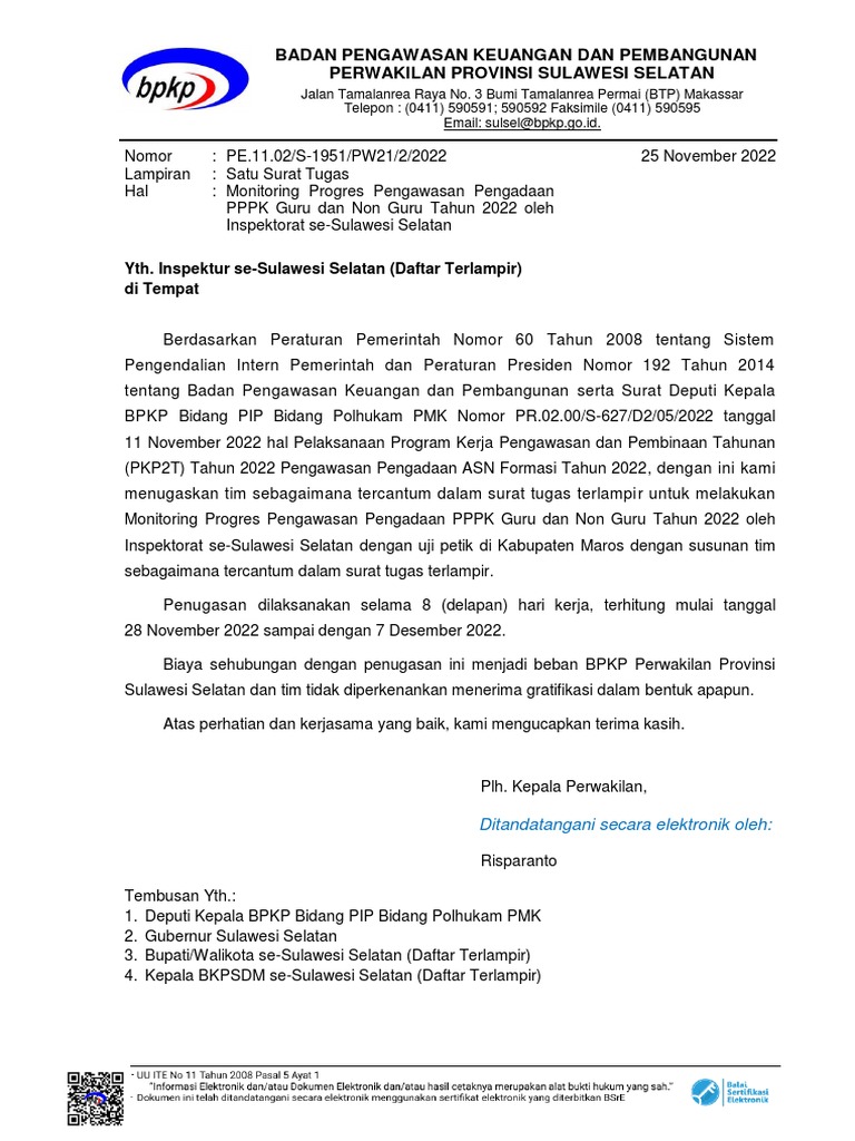 ST 1952, Monitoring Progres Pengawasan Pengadaan PPPK Guru Dan Non Guru Tahun 2022 Oleh ...