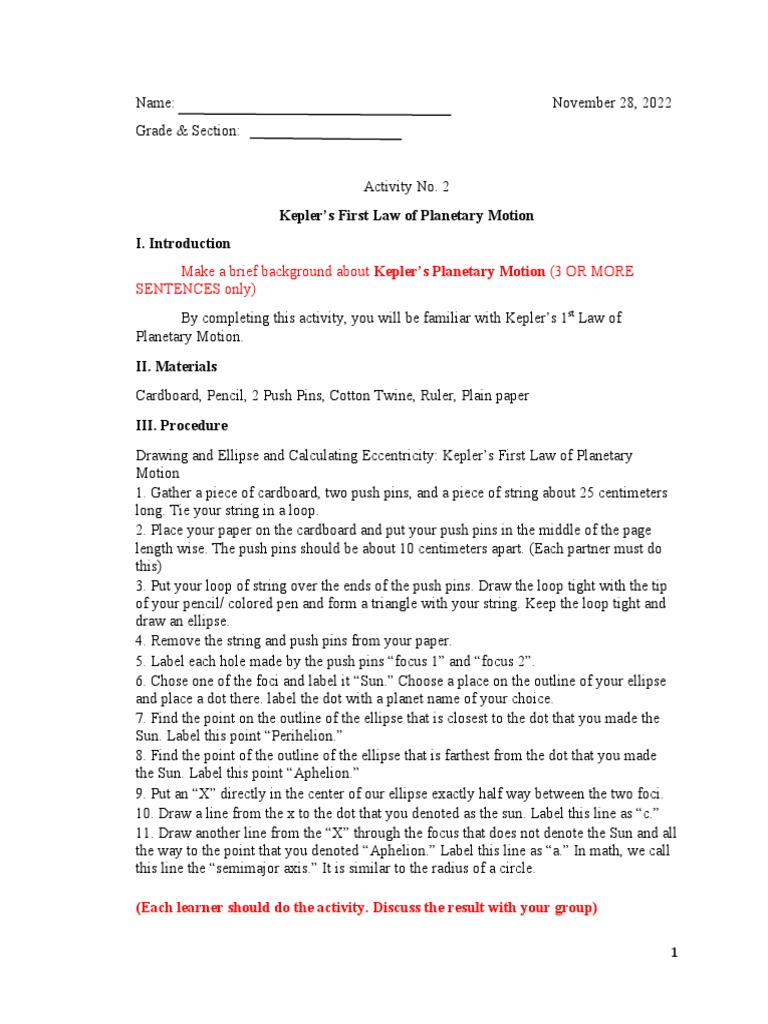 Activity 2. Keplers 1st Law | PDF | Ellipse | Apsis