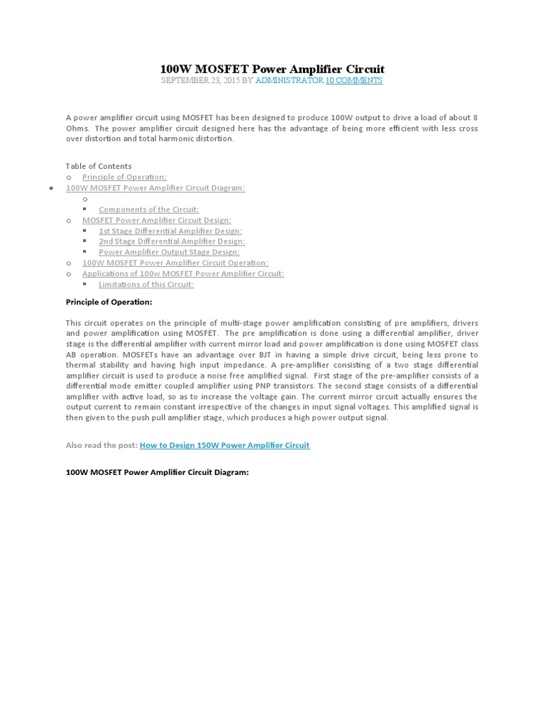 100W MOSFET Power Amplifier Circuit | PDF | Amplifier | Bipolar ...