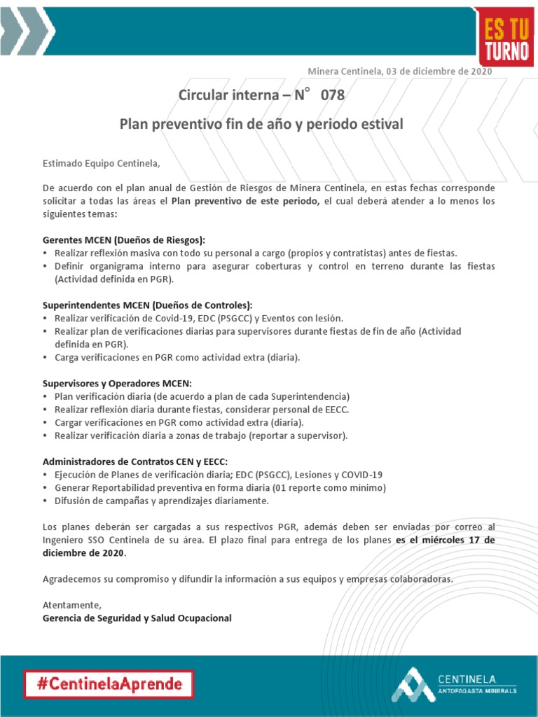 78 Circular Interna - Plan SSO Fin de Año y Periodo Estival. | PDF
