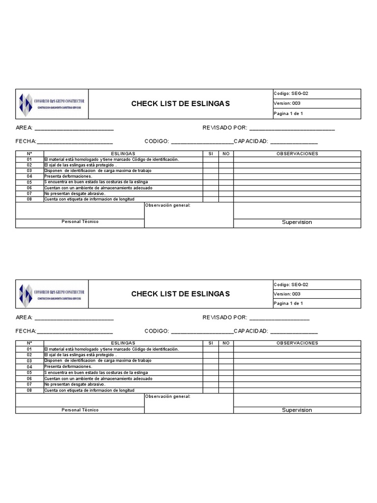 Formato Check-List Izaje Check List de Eslingas | PDF