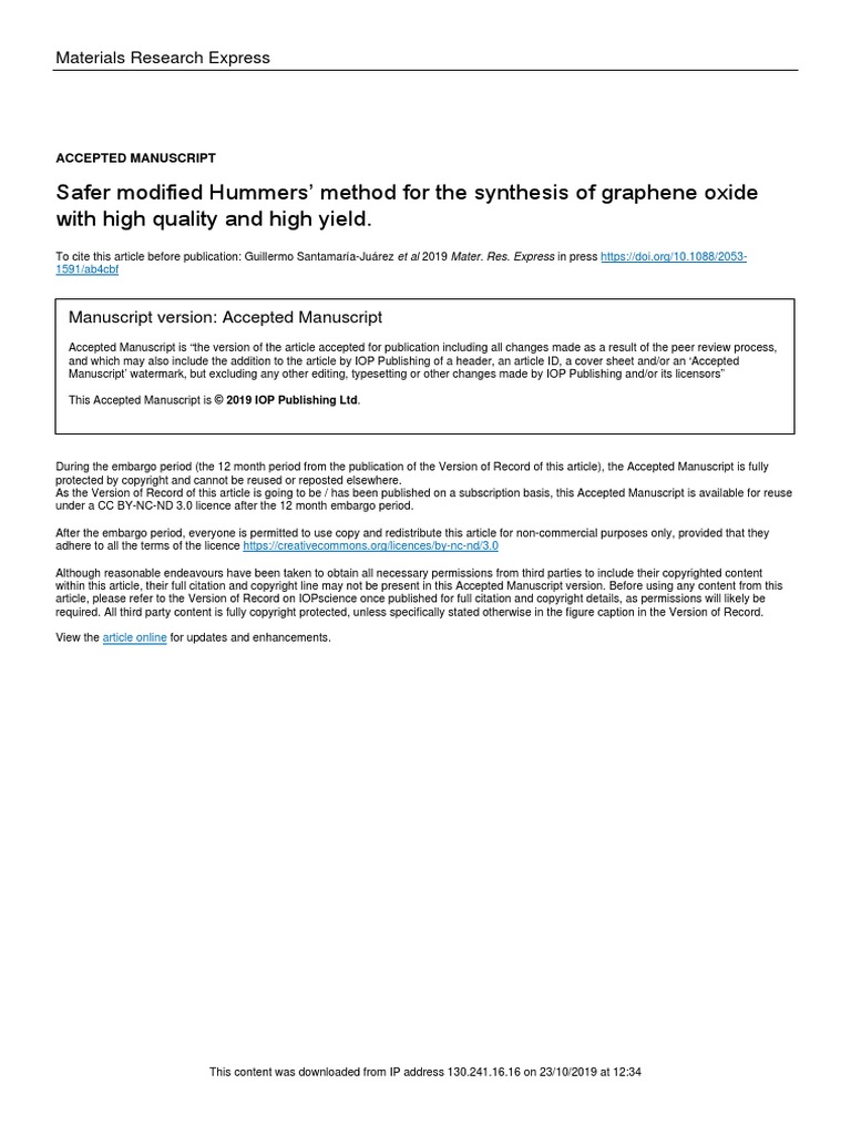 Safer Modified Hummers' Method For The Synthesis of Graphene Oxide With High Quality and High ...
