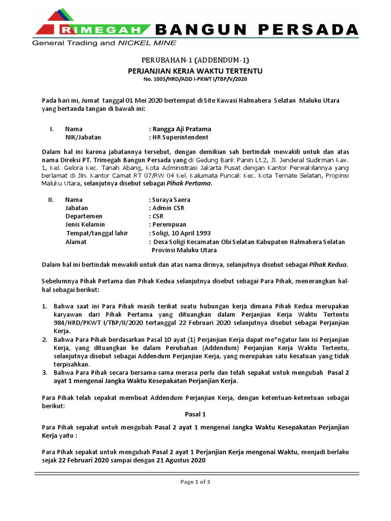 Addendum PKWT PT Trimegah | PDF