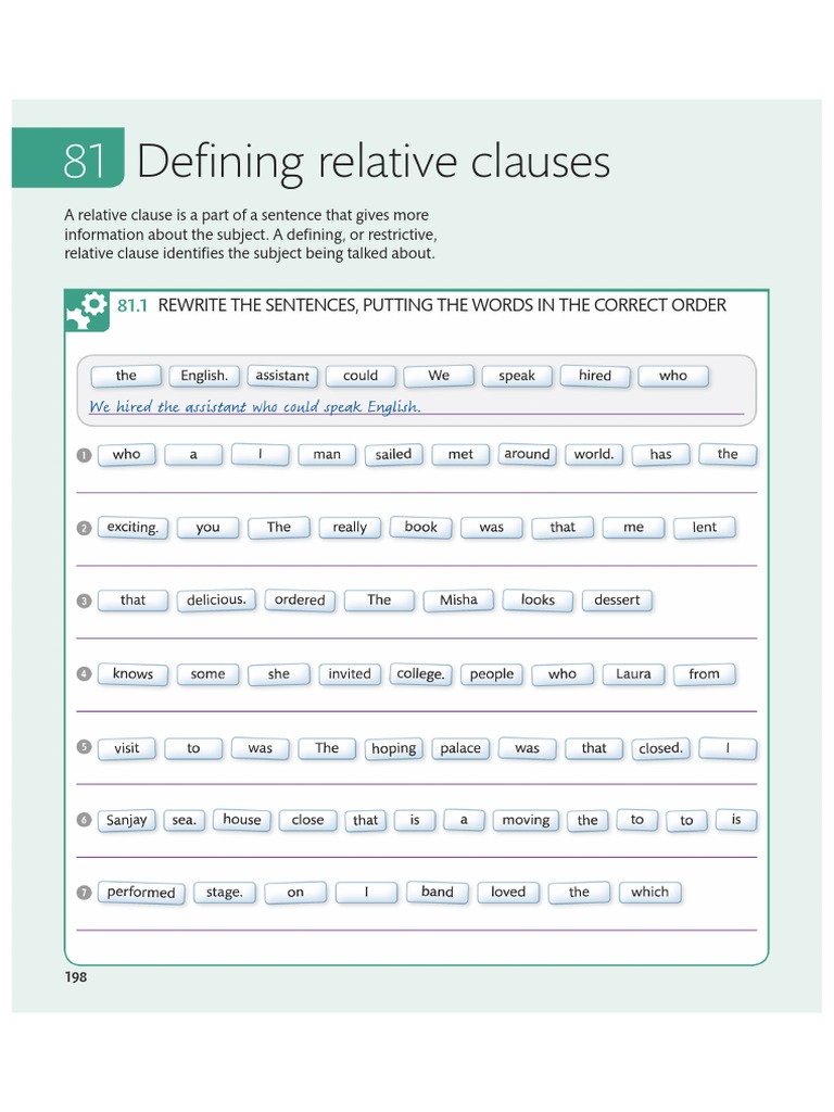 Defining Relative Clauses: Rewrite The Sentences, Putting The Words in ...