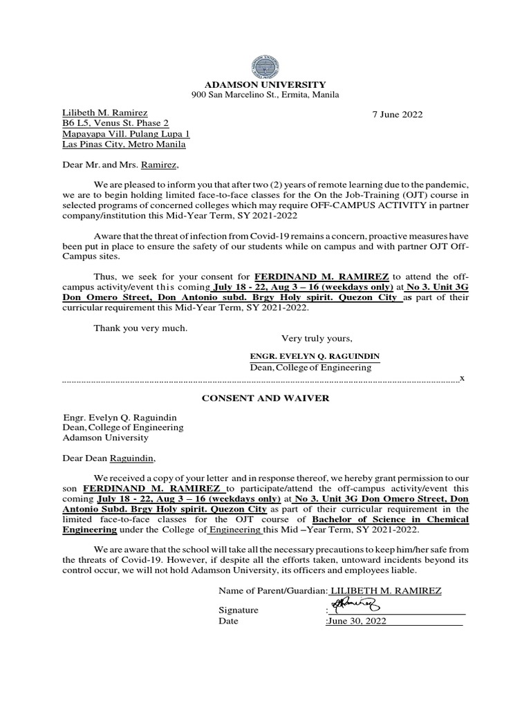 Adamson University OJT Consent Letter | PDF