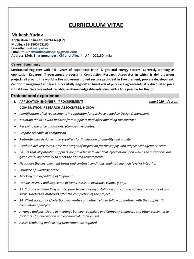 CV-MUKESH YADAV For Procurement Engineer | PDF | Procurement | Supply Chain