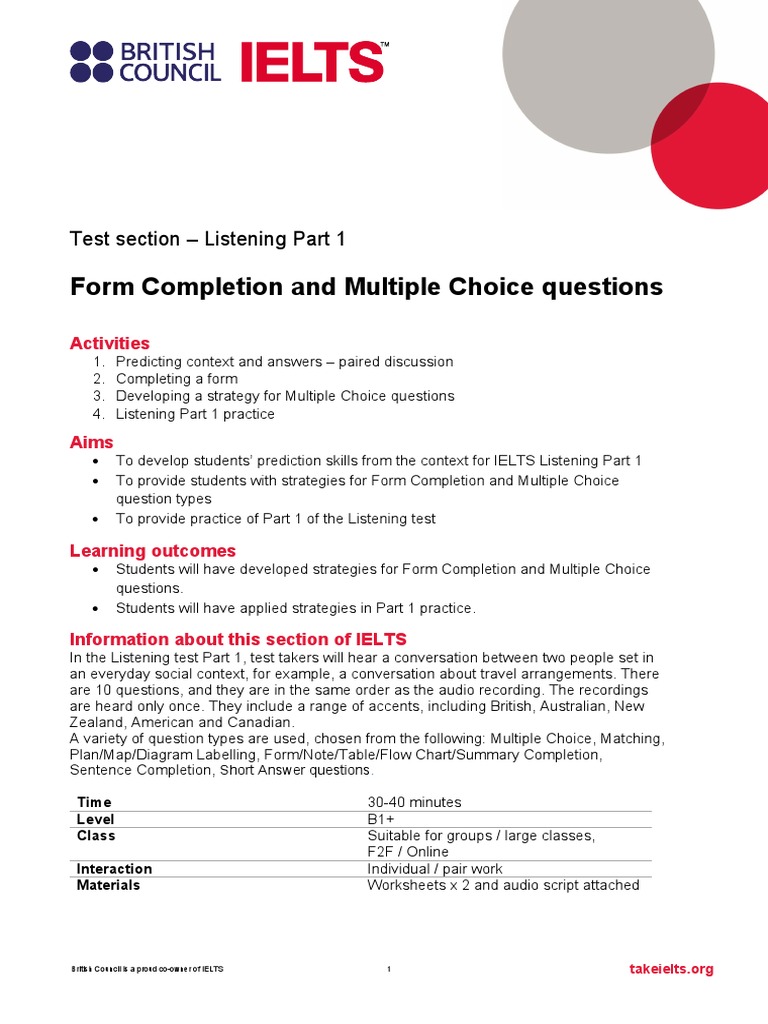 Listening Part 1 Form Completion and Mcqs | PDF | Multiple Choice ...
