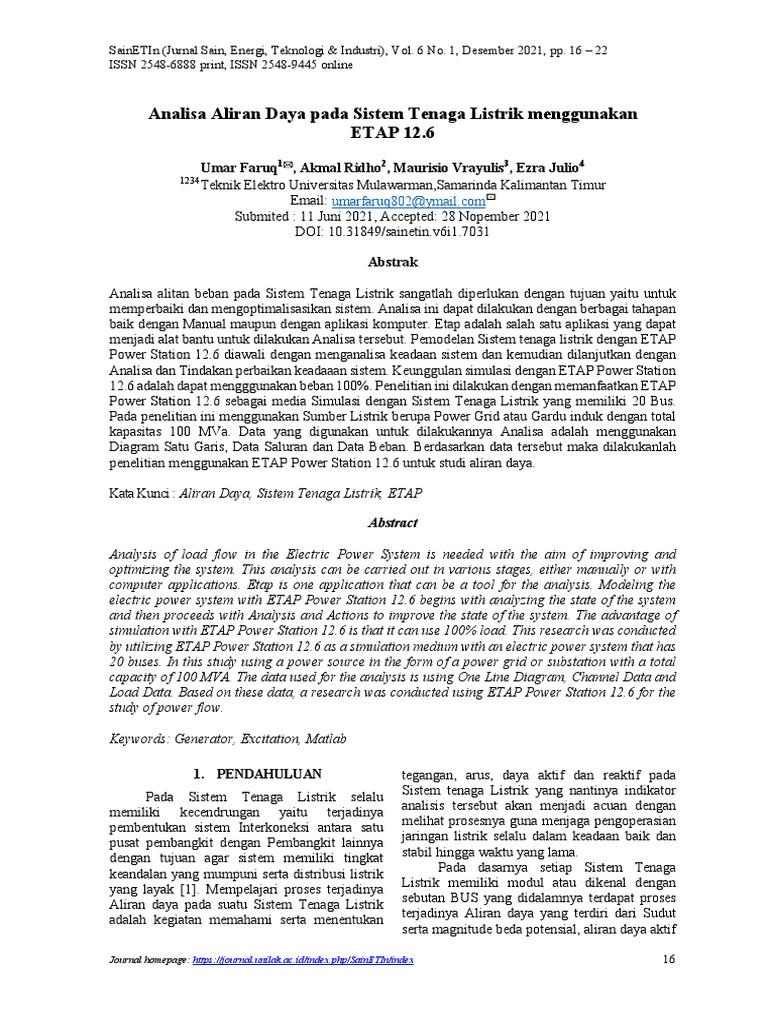 Analisa Aliran Daya Pada Sistem Tenaga Listrik Etap | PDF