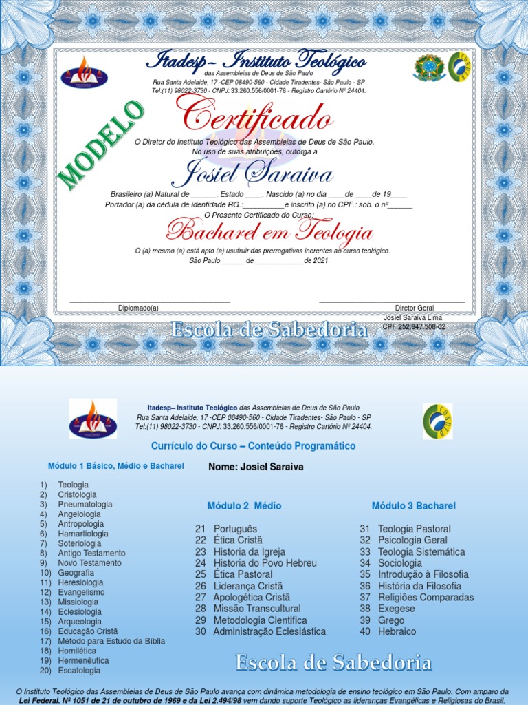 Modelo Diploma PDF | Download grátis PDF | Teologia | São Paulo