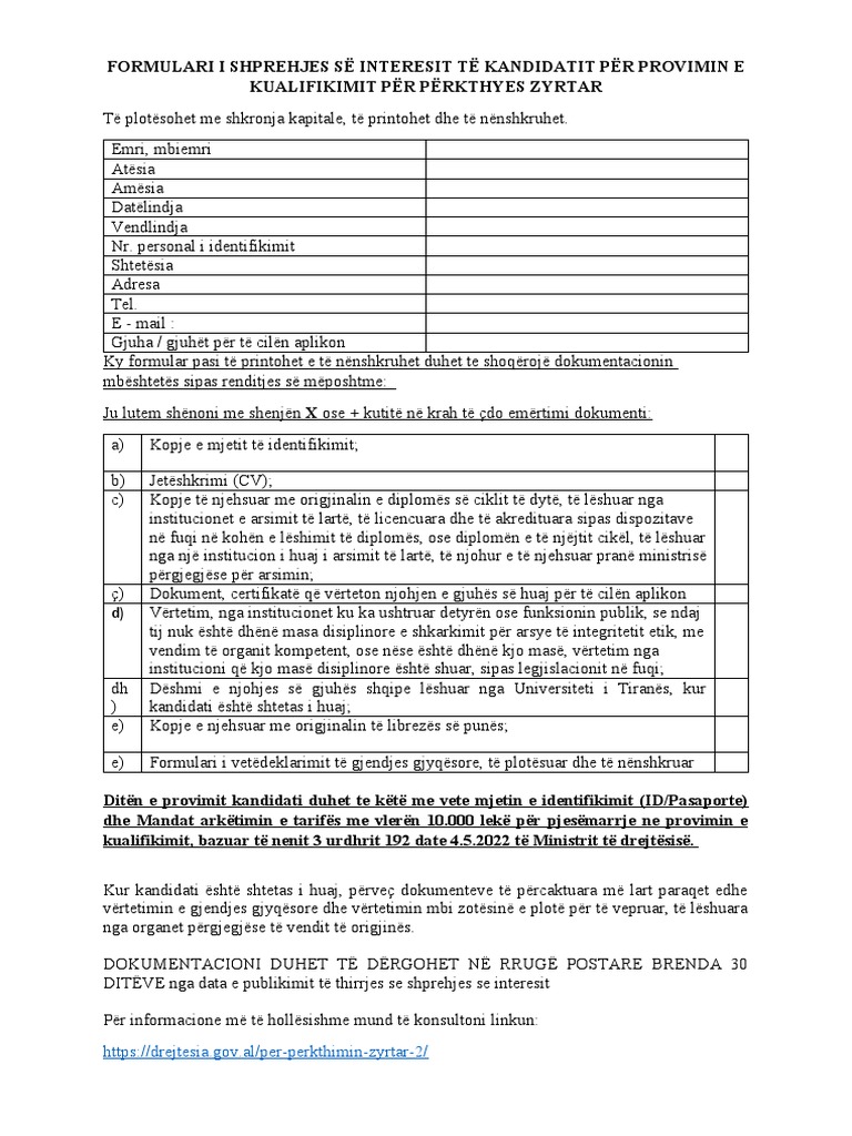 Formulari I Shprehjes Së Interesit Të Kandidatit Për Provimin e Kualifikimit Për Përkthyes ...