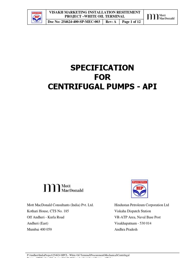 API Centrifugal Pumps Specification | PDF | Pump | Specification ...