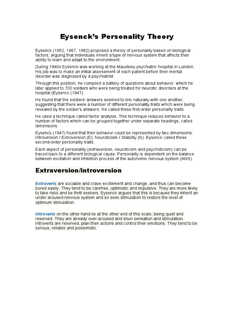 Eysenck's Personality Theory | PDF | Extraversion And Introversion | Personality Psychology