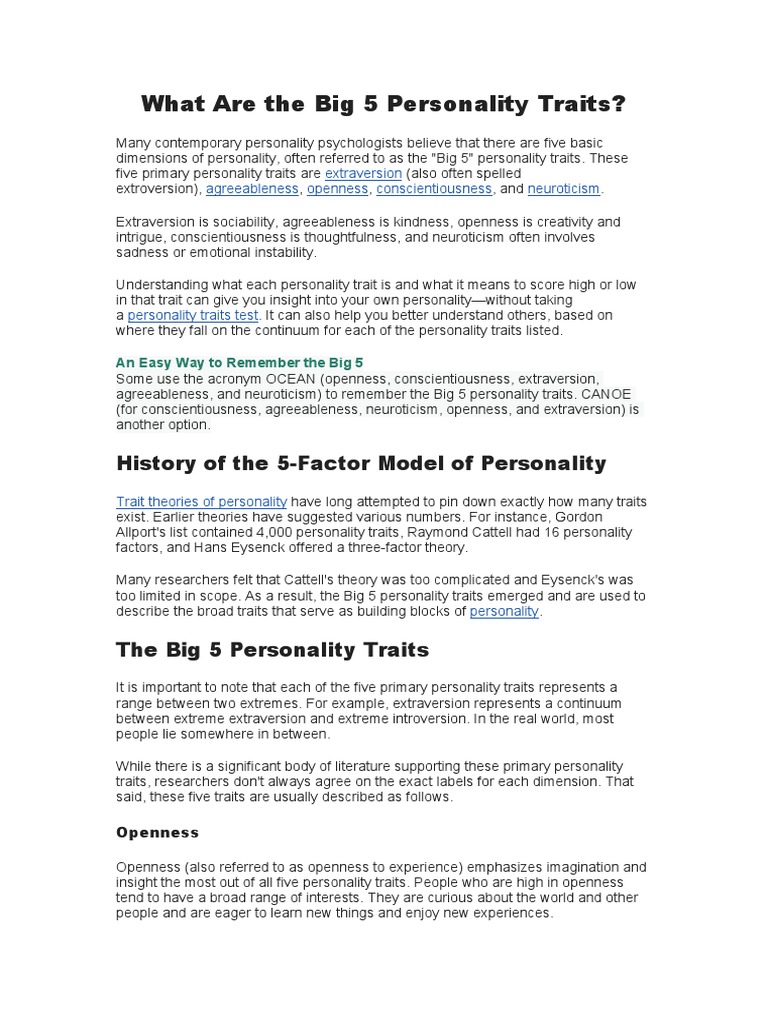 Five Factor Model of Personality | PDF | Extraversion And Introversion ...