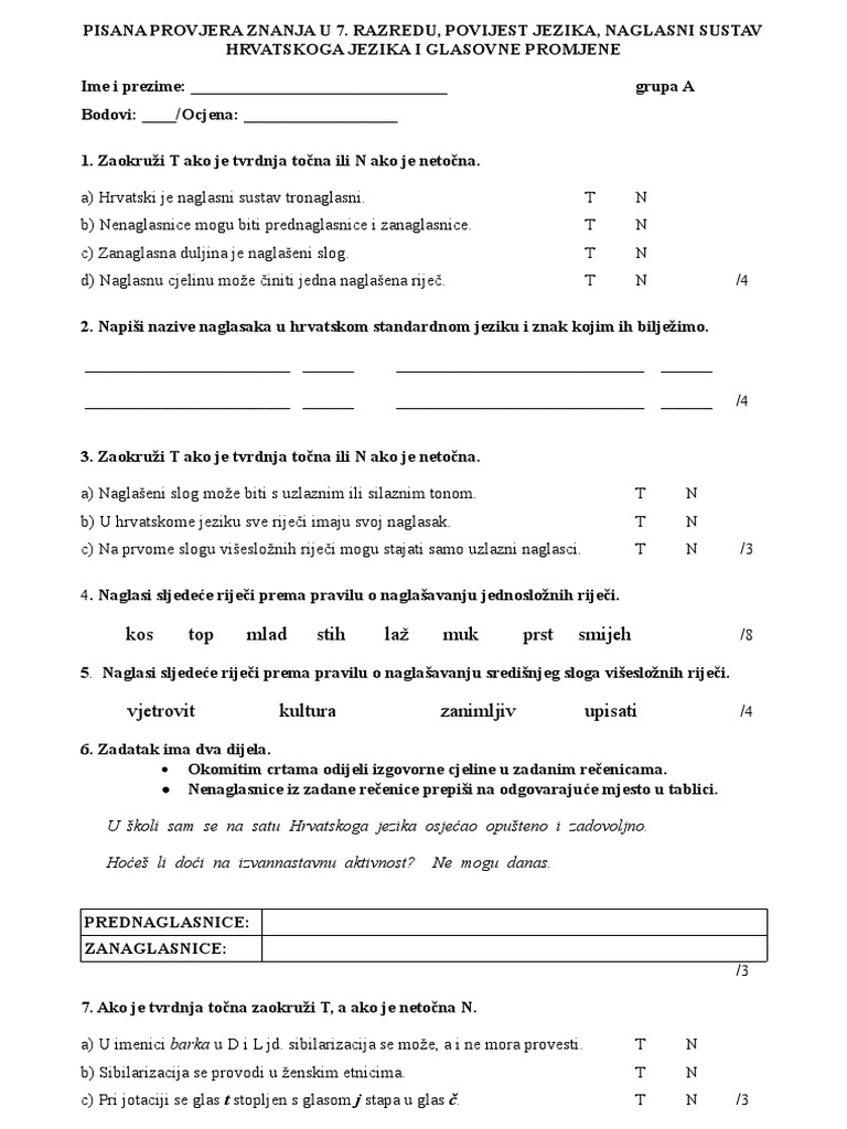 Ispit 7 Razred Naglasci I Glasovne Promjene Pdf