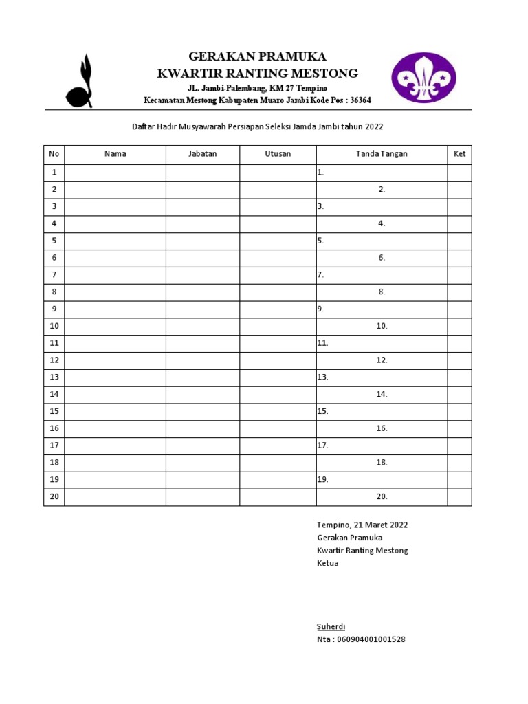 Daftar HAdir Rapat Pramuka Kwarran | PDF