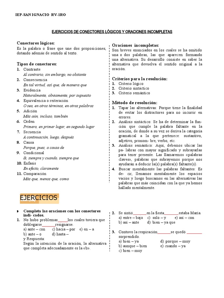 Ejercicios de Conectores Lógicos y Oraciones Incompletas para Primer Grado de Secundaria | PDF ...