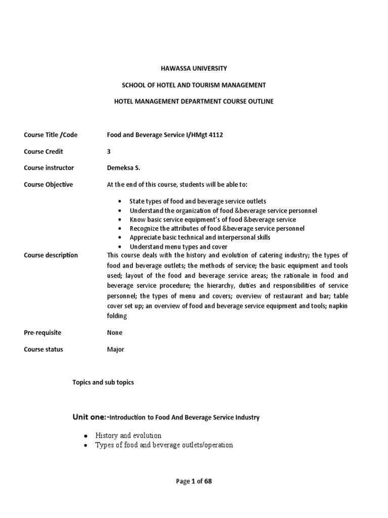 Food and Beverage Service Course Outline | PDF | Restaurants | Food And ...