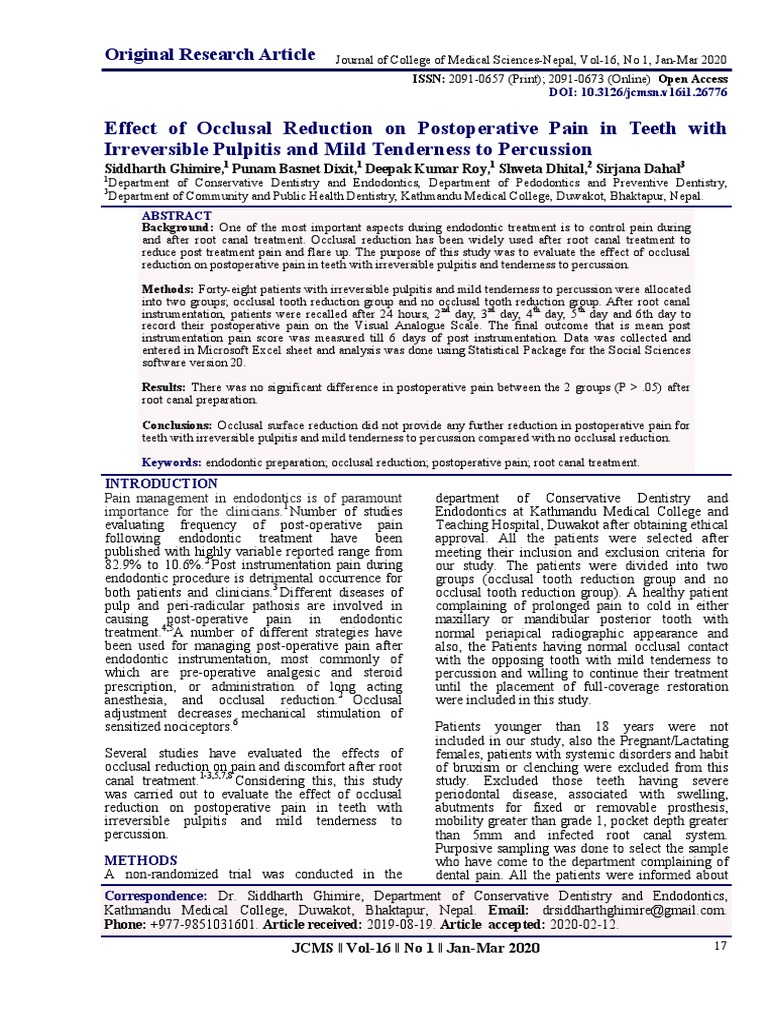 Effect of Occlusal Reduction on Postoperative Pain in Teeth with ...