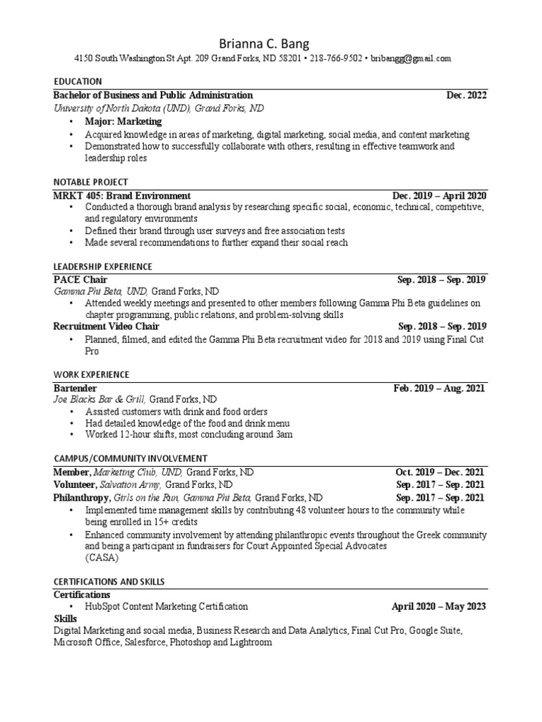 Brianna Bang Resume | PDF | Career & Growth | Business