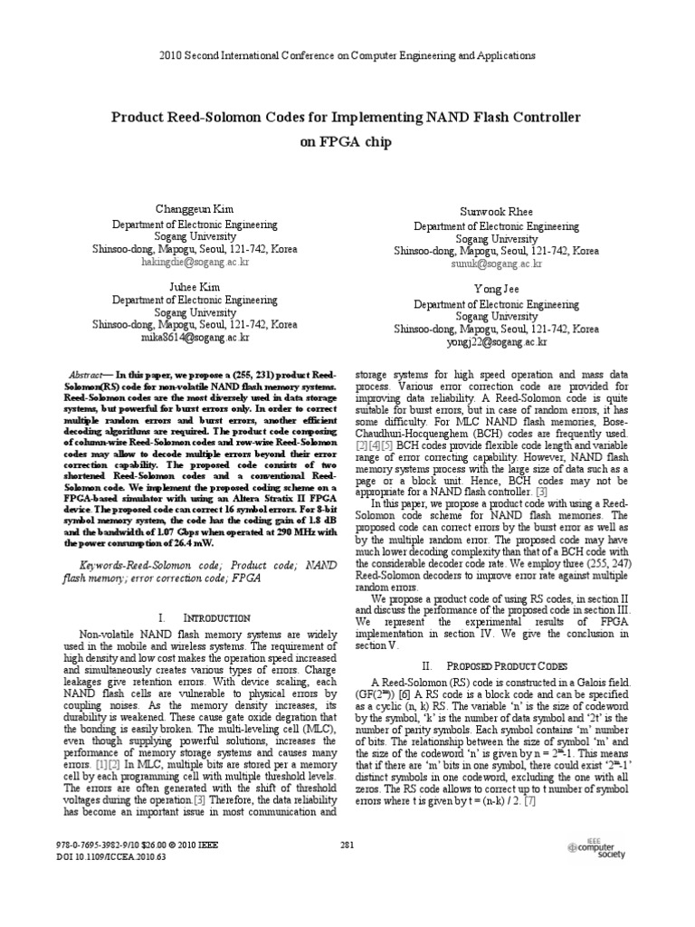 2010 Product Reed Solomon Codes For Implementing Nand Flash Controller On Fpga Chip 05445821