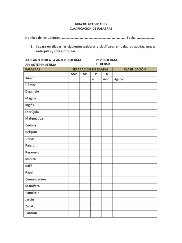 Guia de Actividades Clasificacion de Palabras | PDF