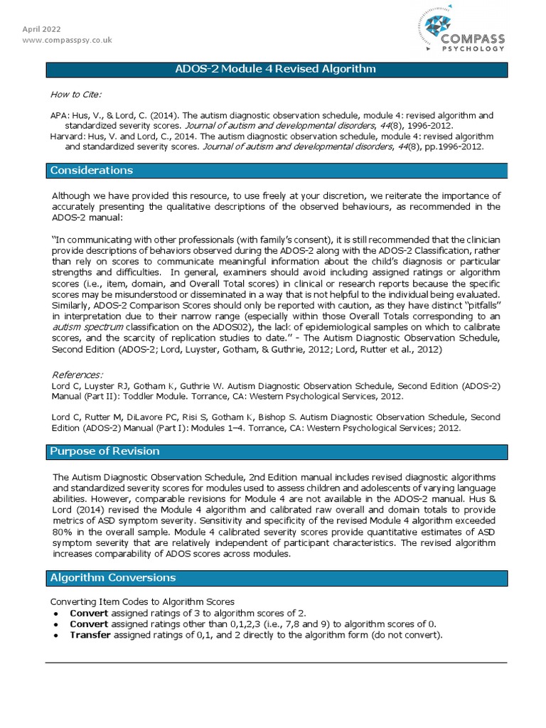 ADOS 2 - Revised Algorithm | PDF | Behavioural Sciences | Psychology