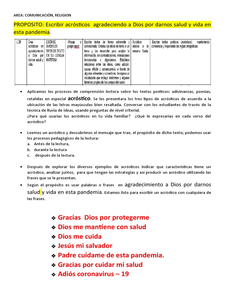 ACROSTICO - Agradecemos A Dios Por La Vida 29 Marzo | PDF | Dios