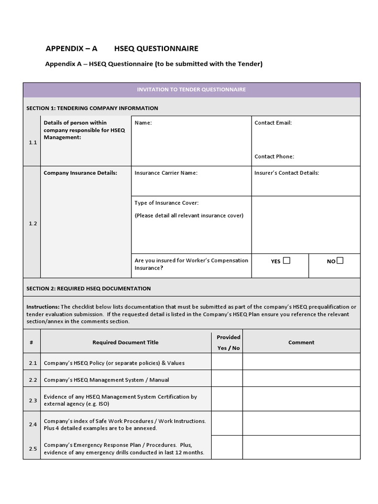 HSEQ Tender Submission Questionnaire | PDF | Occupational Safety And ...