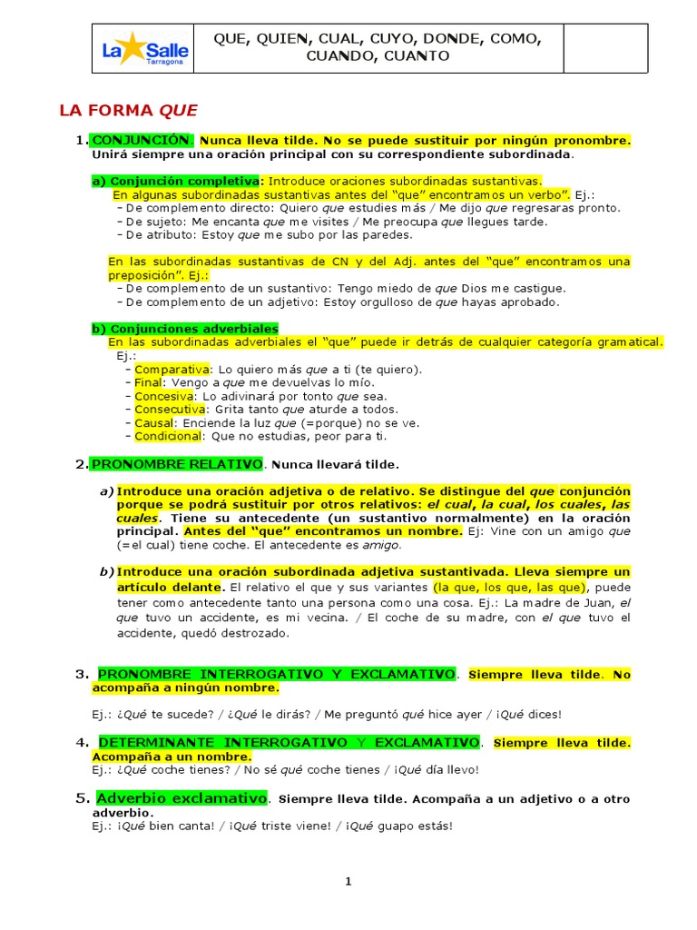 Que, Quien, Cual, Cuyo, Como, Donde, Cuando y Cuanto | PDF | Tipología ...