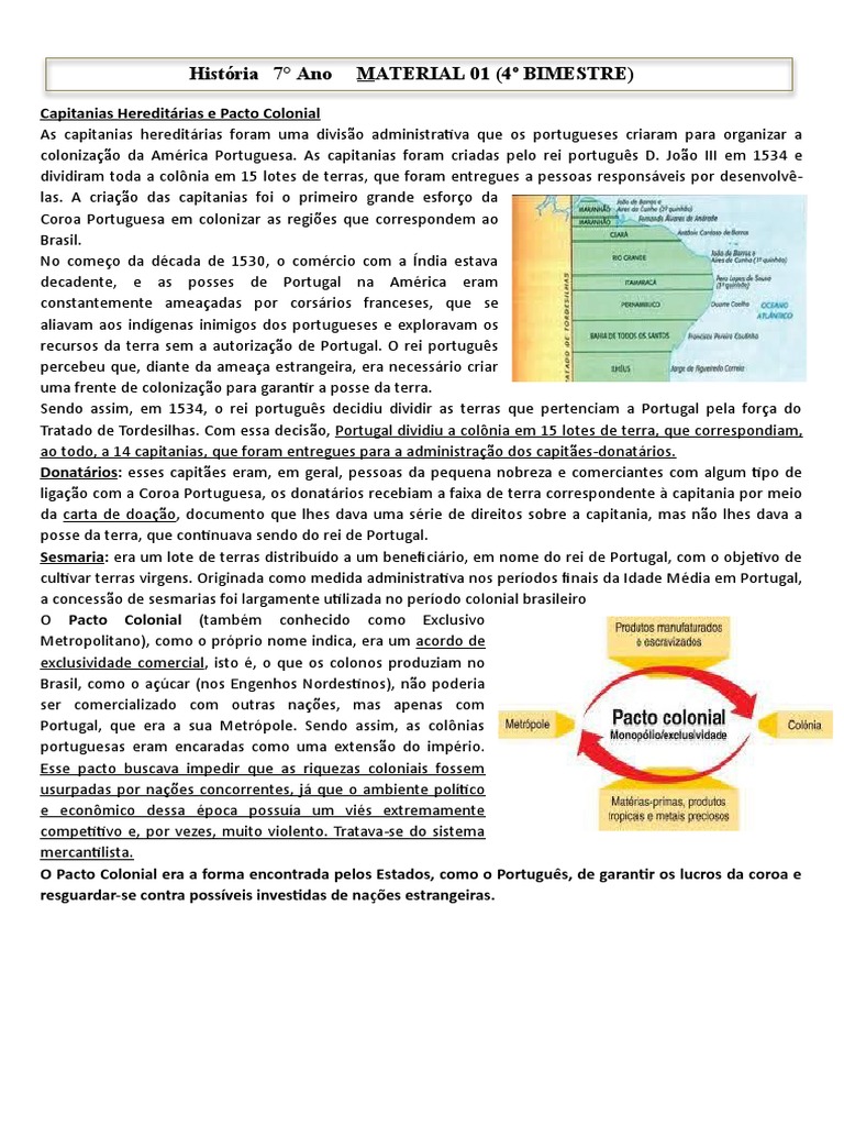 Aula 1 7 História 4 Bi Capitanias Hereditárias E Pacto Colonial Pdf
