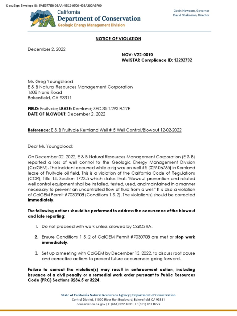 NOV V22-0090 EB Natural Resources Fruitvale Kernland 5 Well Control ...