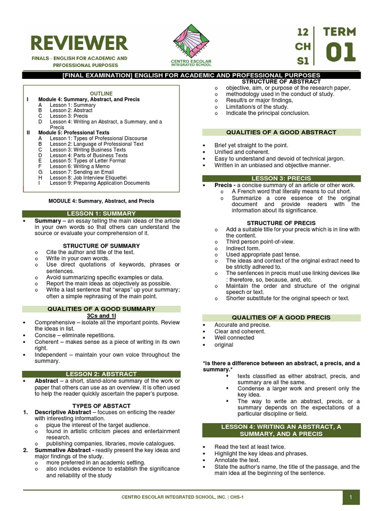 CHS-1 Finals-Reviewer Eapp | PDF | Abstract (Summary) | Job Interview
