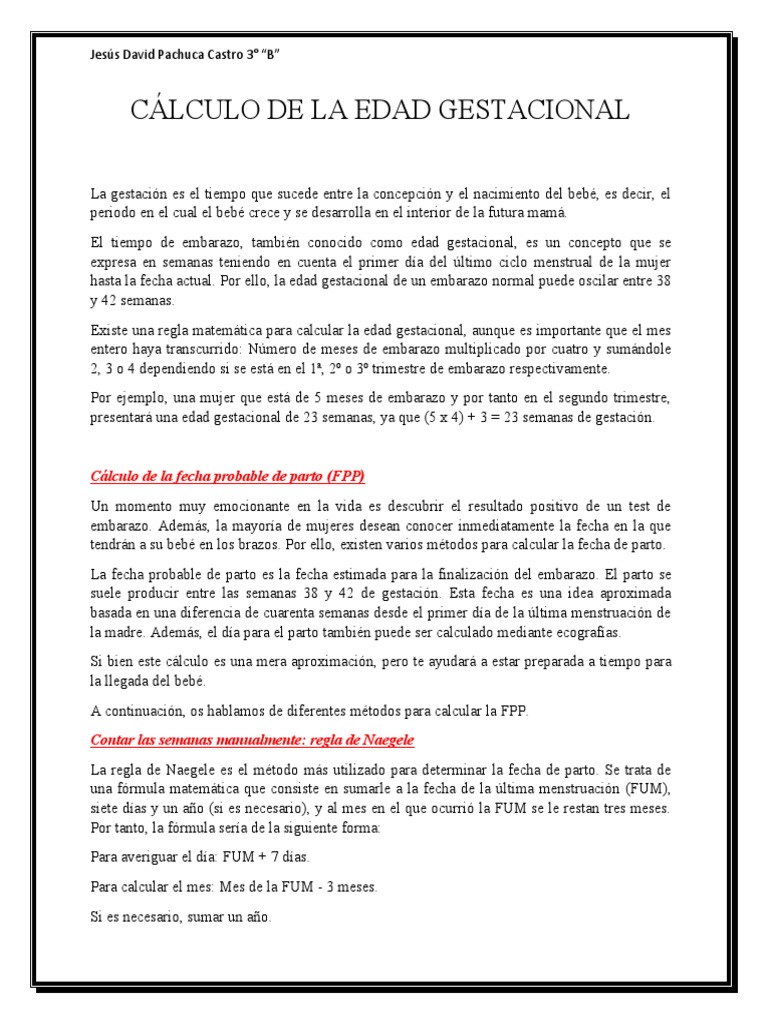 Cálculo de La Edad Gestacional | PDF | El embarazo | Menstruación Cálculo de La Edad Gestacional | PDF | El embarazo | Menstruación