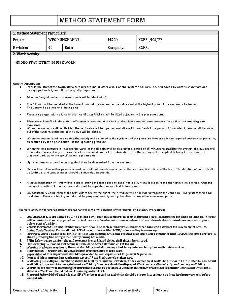 Method Statement For Hydro Test | PDF | Scaffolding | Valve