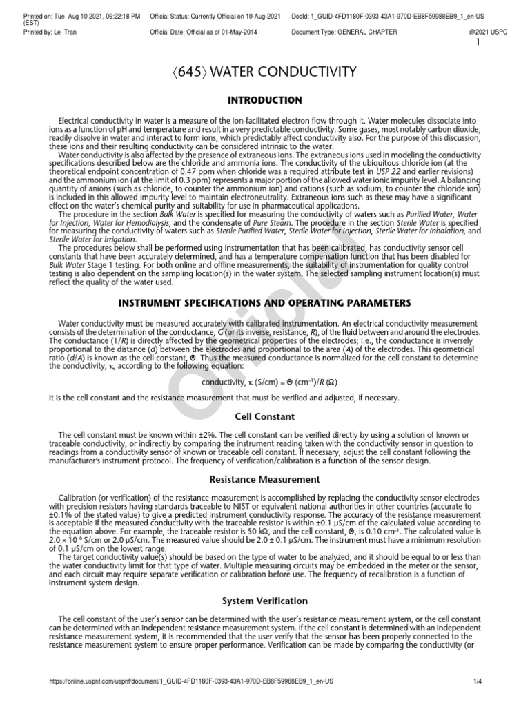 Water Conductivity: Instrument Specifications, Operating Parameters ...