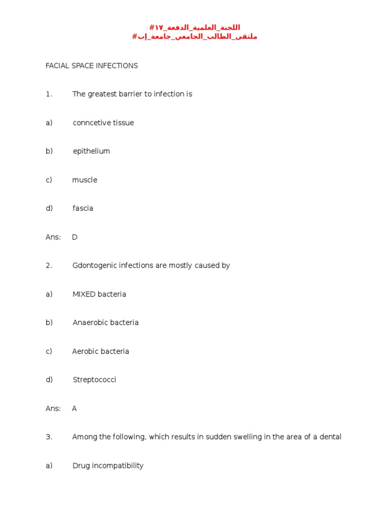 Mcqs in Facial Spaces Infection @USF | PDF | Health Sciences | Causes ...
