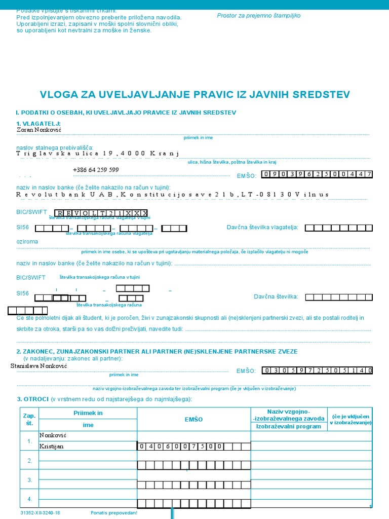Vloga Za Uveljavljanje Pravic Iz Javnih sredstevIZP | PDF