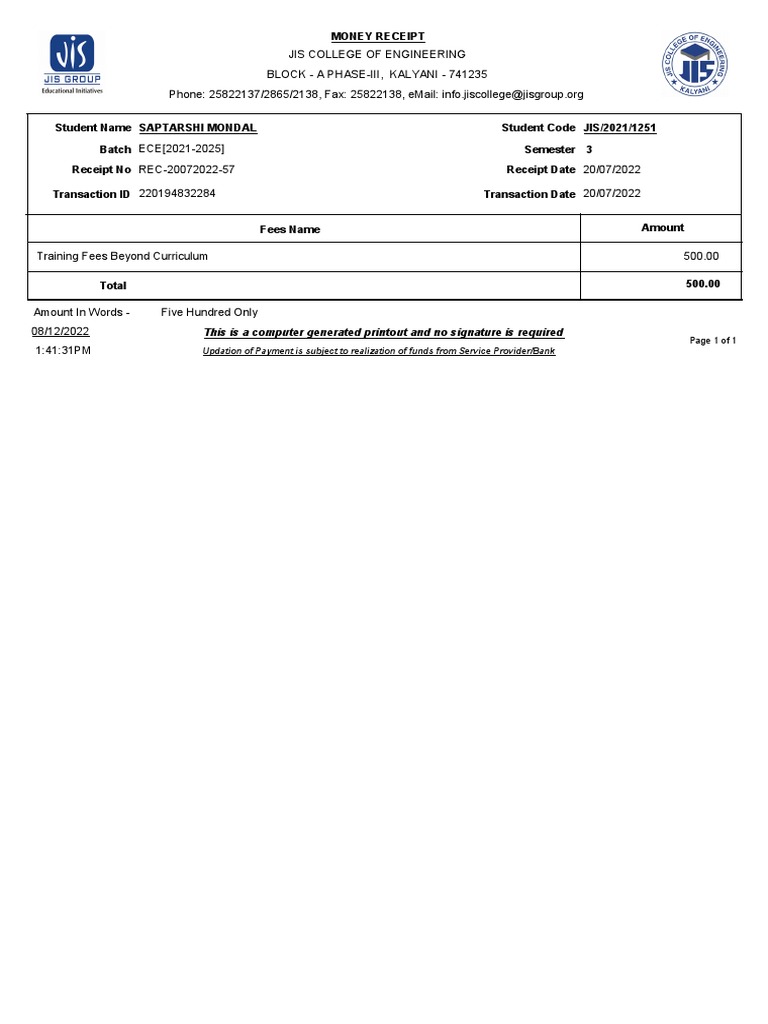 BCT Fees Receipt | PDF