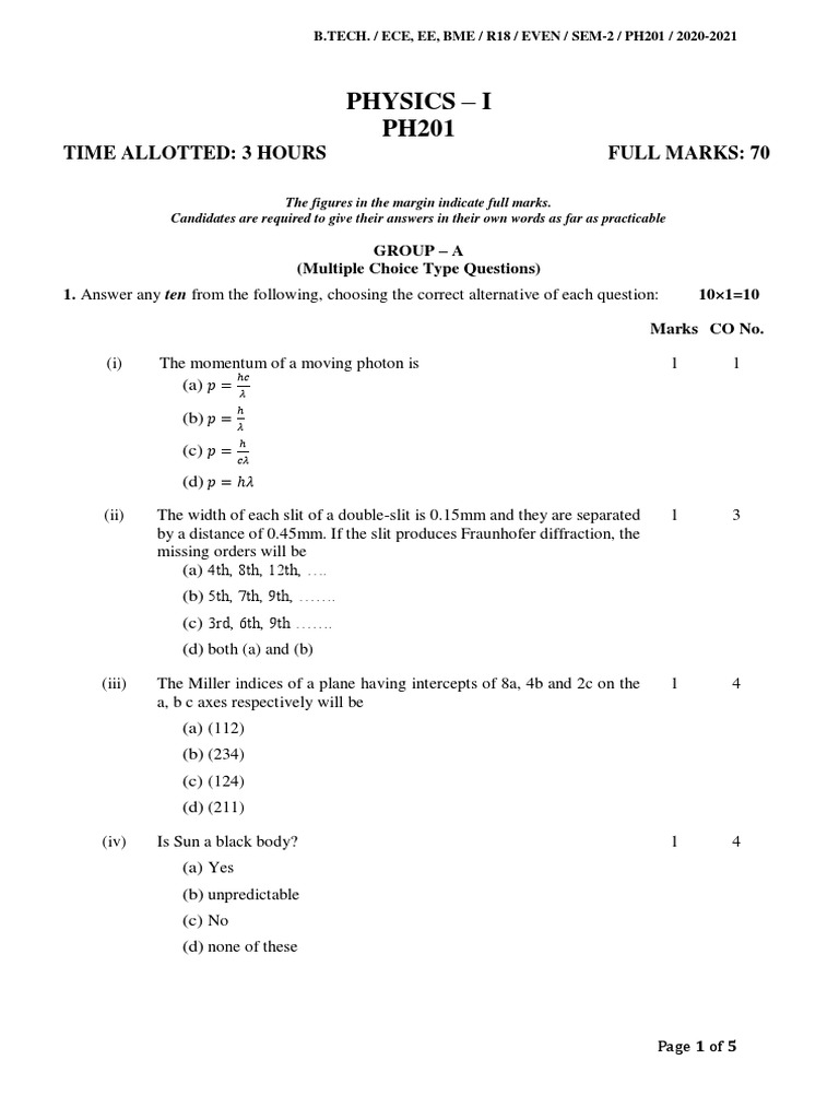 B.Tech Physics I Exam Paper 2020-21 | PDF | Diffraction | Light