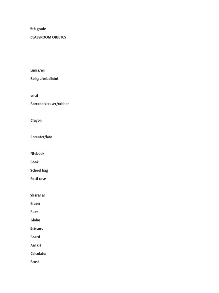5th Grade CLASSROOM OBJECTS | PDF