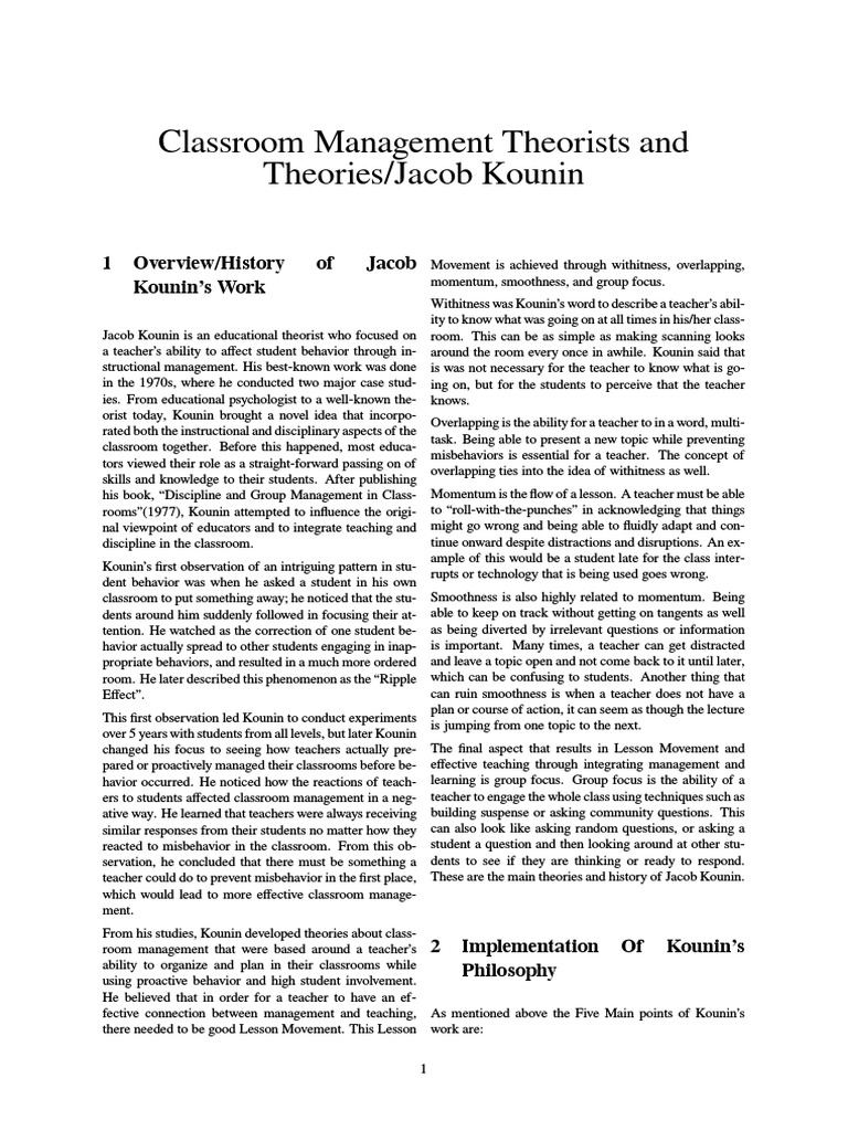 Classroom Management Theorists and Theories Jacob Kounin | PDF | Teachers | Classroom Management