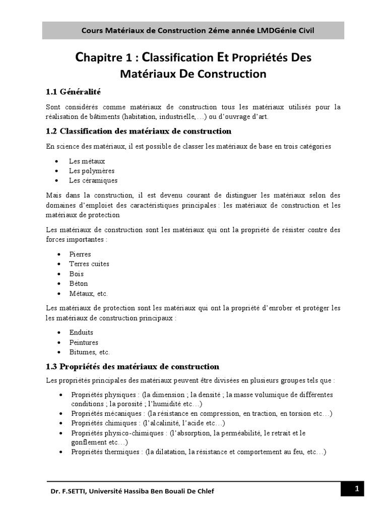 CHAPITRE 1 Classification Et Propriétés Des Matériaux de Construction | PDF | Science des ...