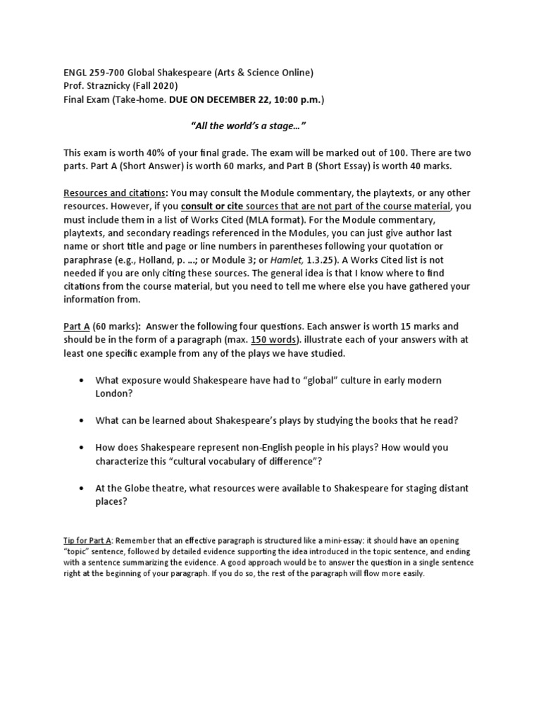 ENGL 259 Final Exam Fall 2020 | PDF | Essays | Citation