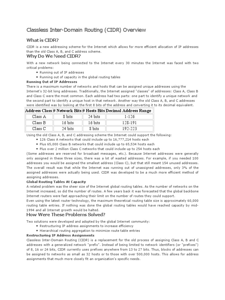Classless Inter-Domain Routing (CIDR) Overview | PDF | Ip Address | Routing