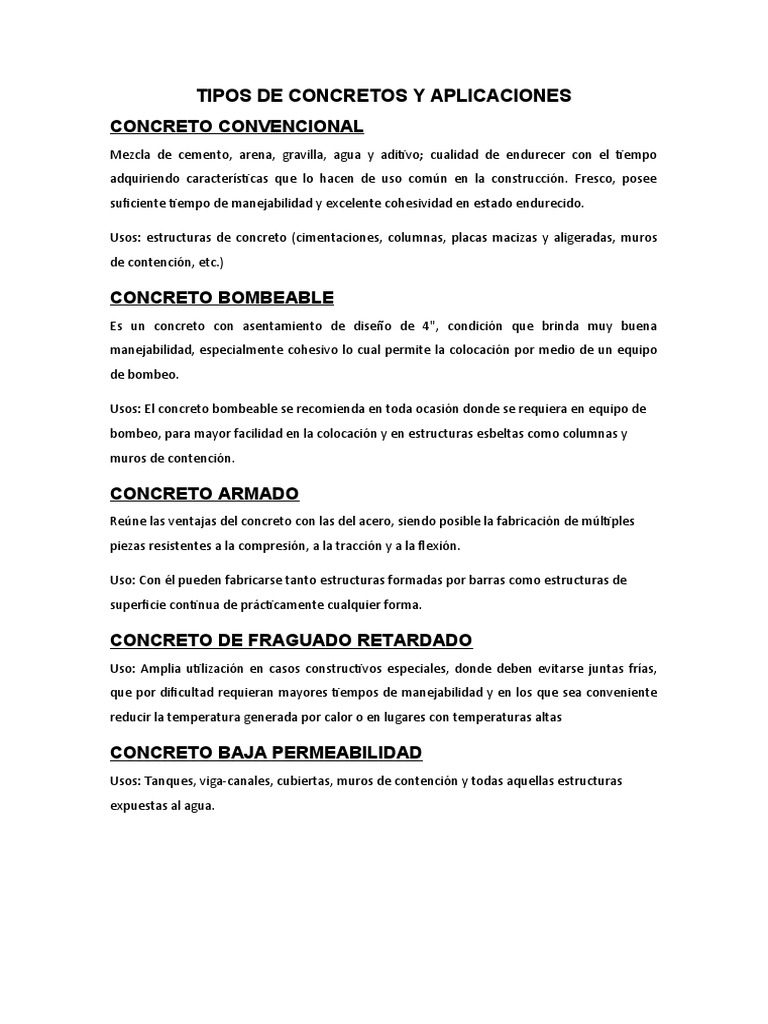 Tipos de Concretos y Aplicaciones | PDF | Hormigón | Ingeniería de Edificación
